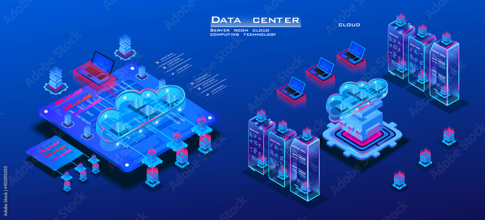 Data and information center isometric concept. Server room with powerful processor for web ...