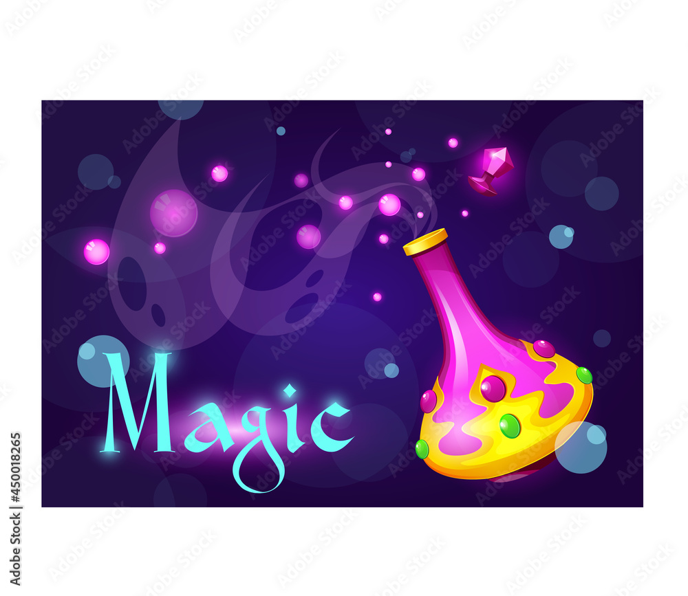 Magic cartoon poster with bottle.Witchcraft cartoon poster with magical ...