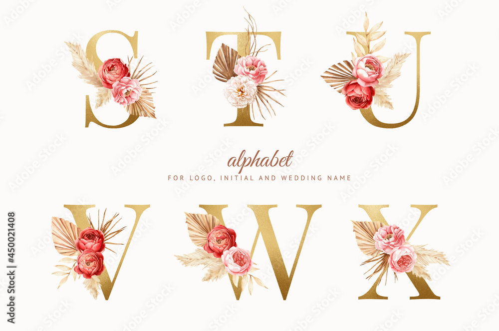 set watercolor boho floral alphabet with golden letter Stock Vector ...