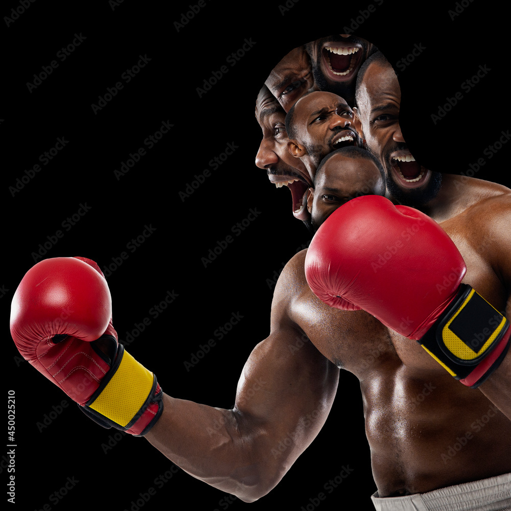 Conceptual image with crazy portraits of african male boxer with mental ...