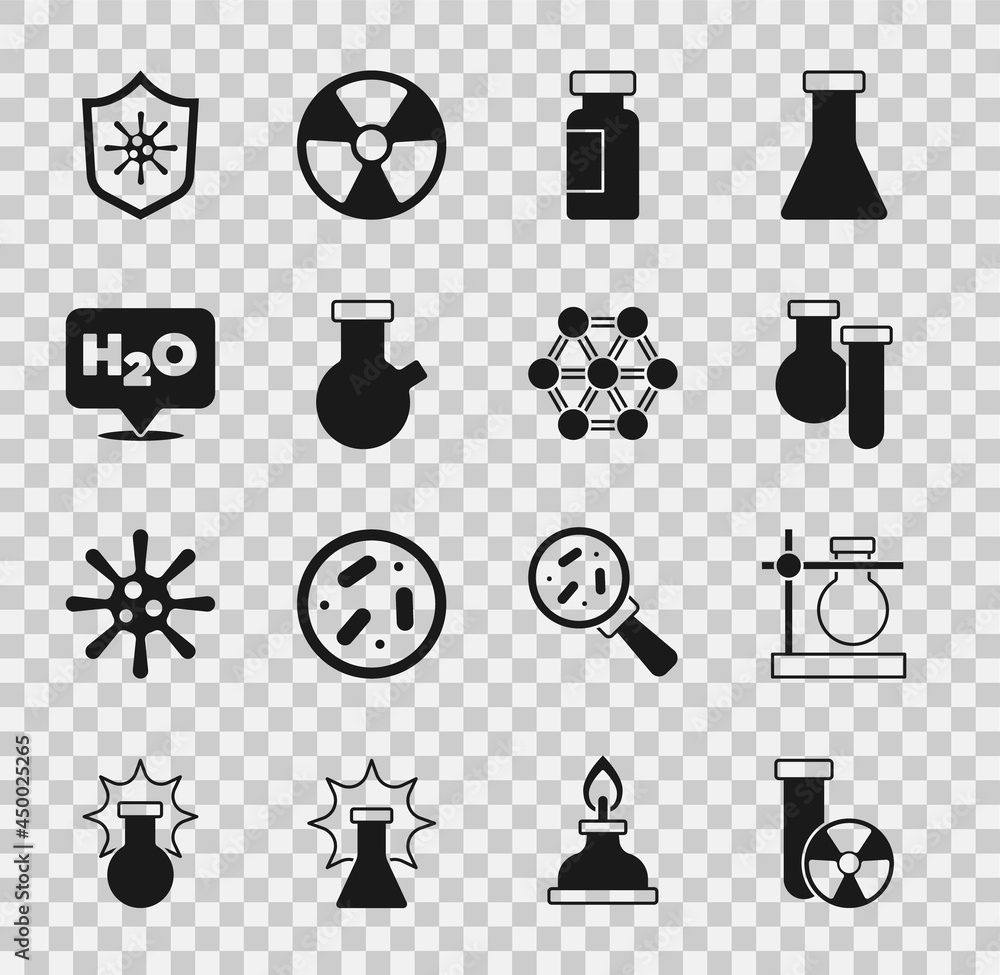 Set Test tube radiation, flask stand, Chemical formula for H2O, Shield ...