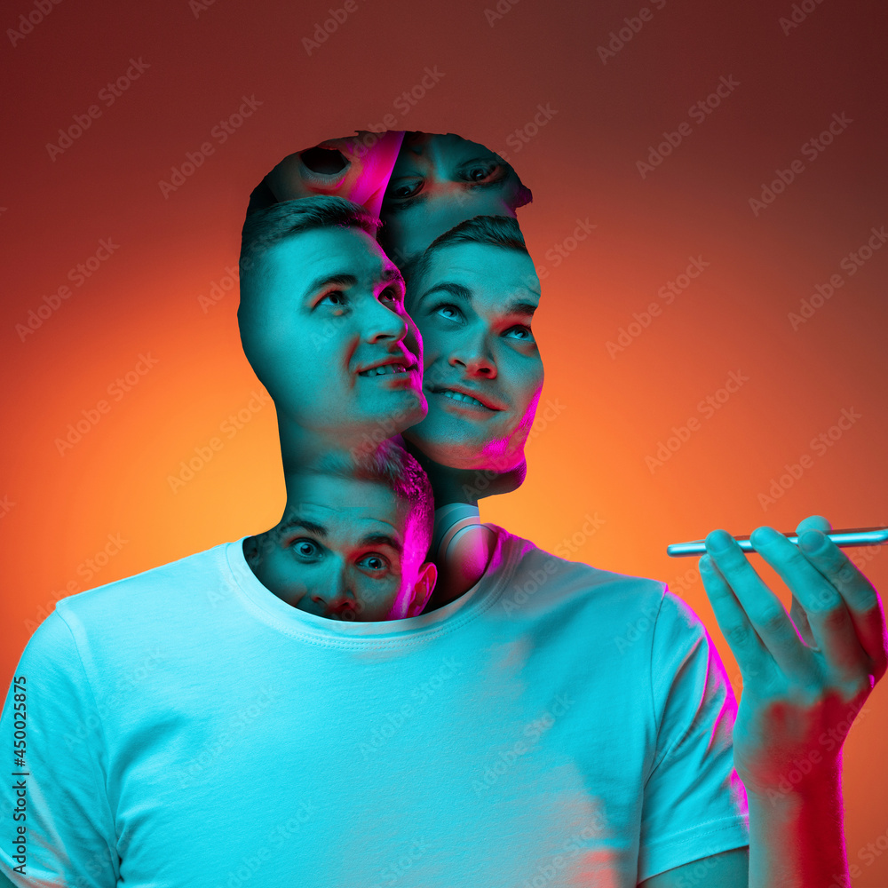 Conceptual image with crazy portraits of young man with mental ...