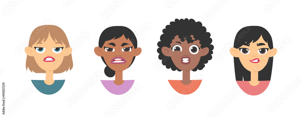 Set of emotional women emoji. Cartoon style illustration female ...