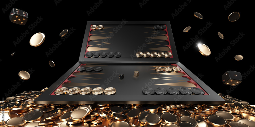 Modern Black Red And Golden Backgammon Board, Dices And Coins Isolated ...