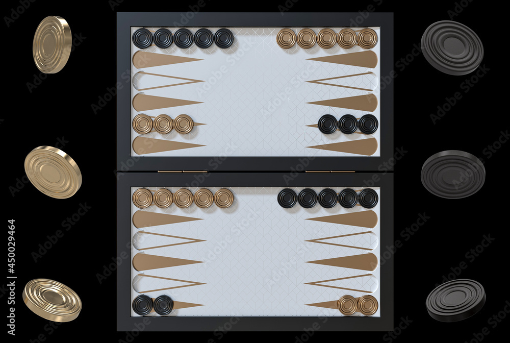 Modern Black White And Golden Backgammon Board And Checkers. Top View ...