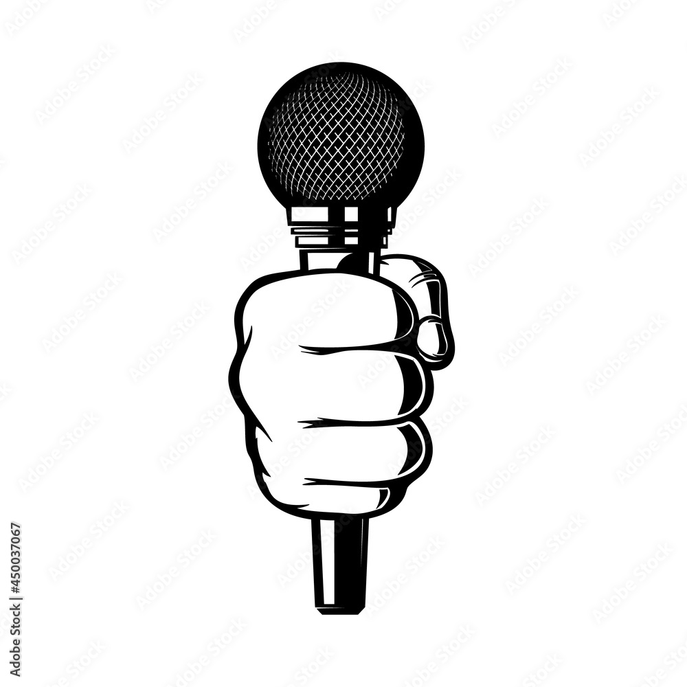 Human hand with microphone. Design element for sign, logo, label, t ...