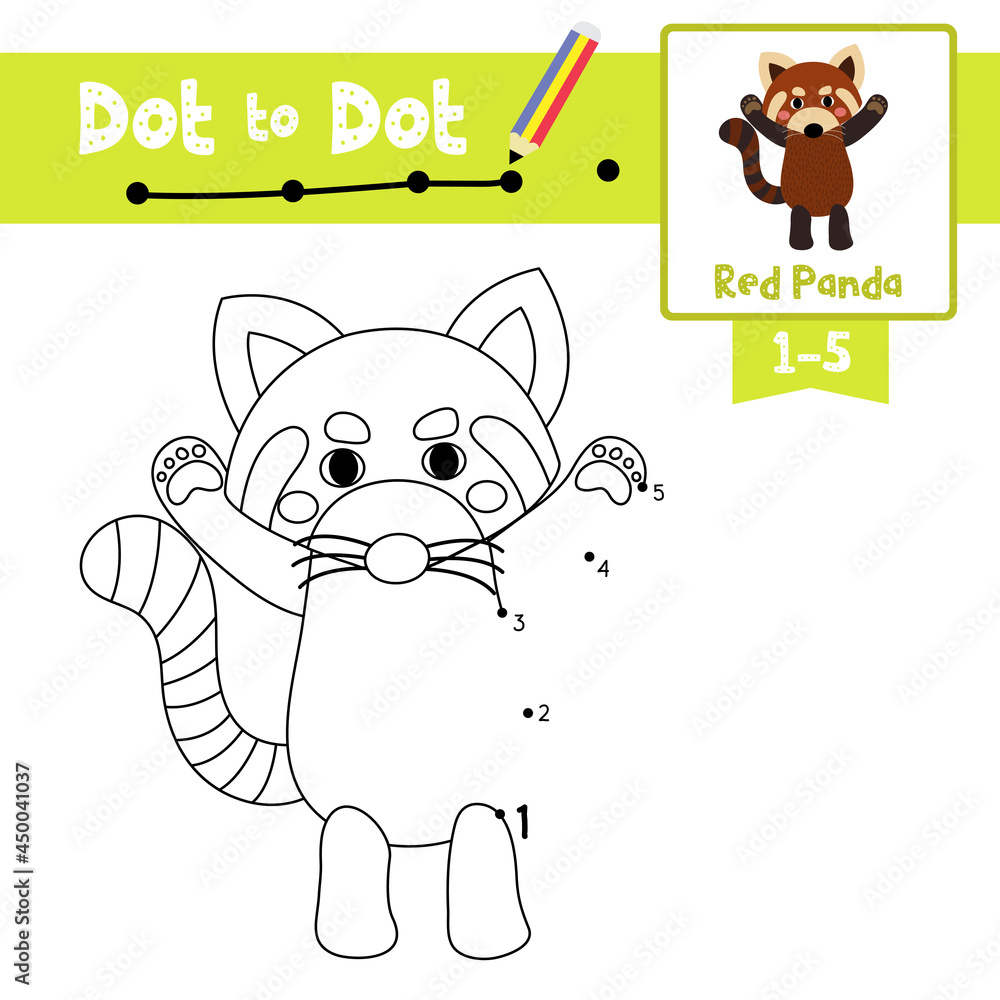 Dot to dot educational game and Coloring book Red Panda standing and ...