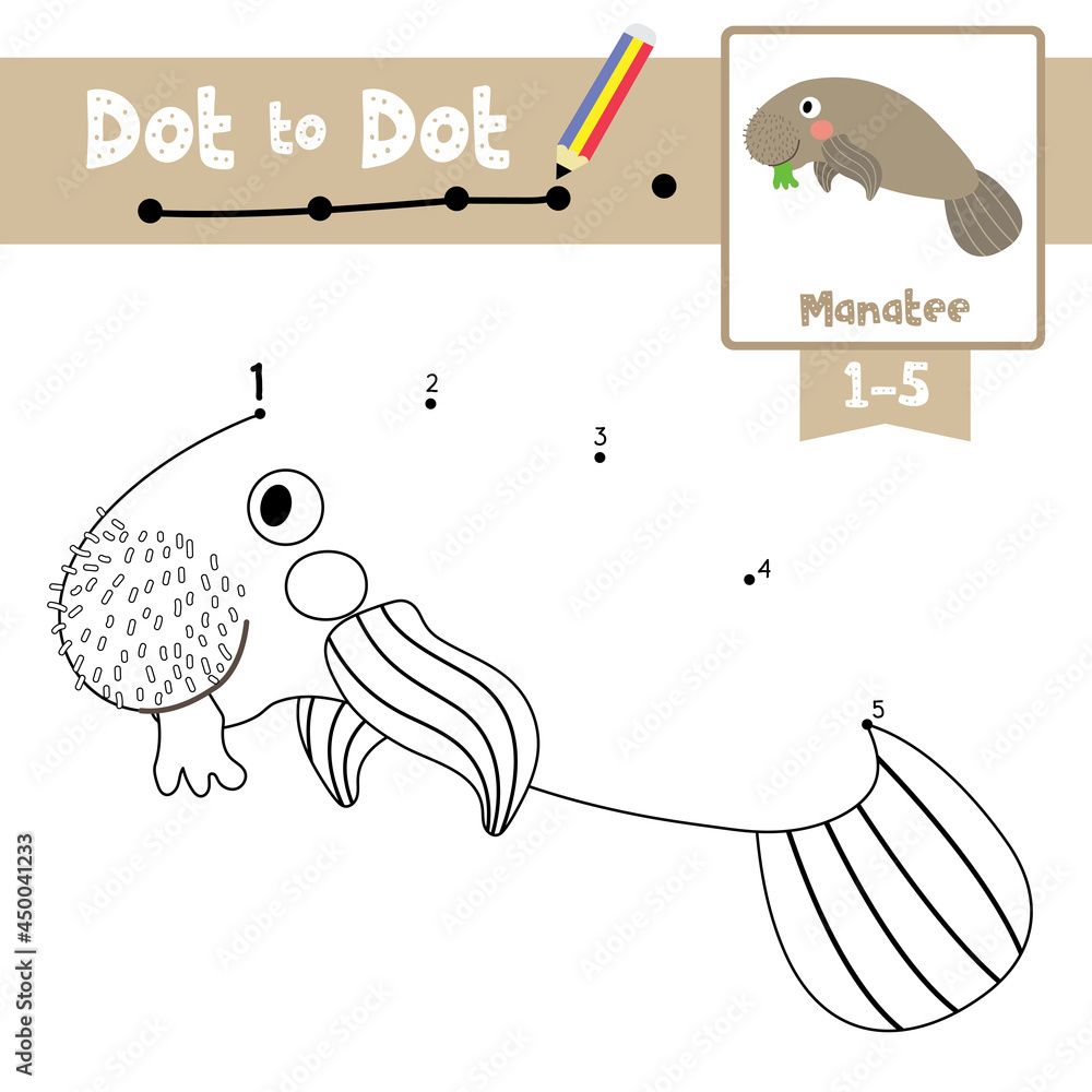 Dot to dot educational game and Coloring book Manatee animal cartoon ...