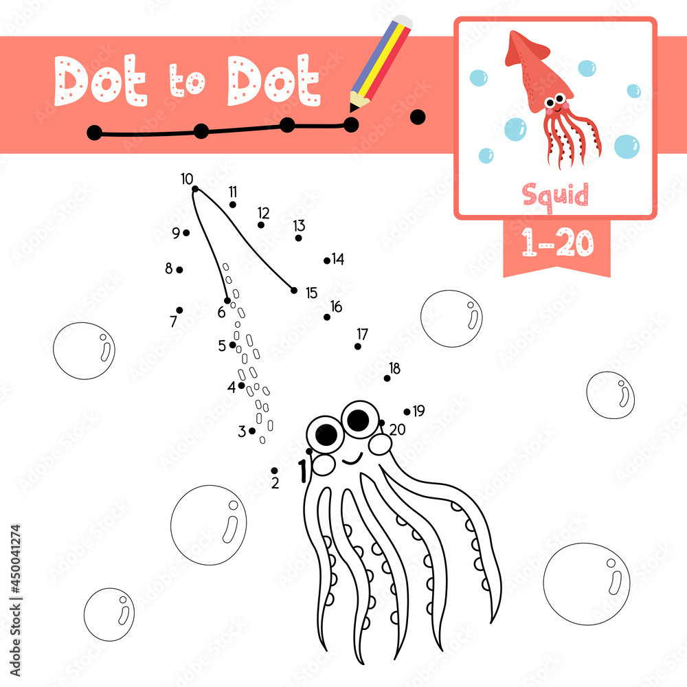 Dot to dot educational game and Coloring book Squid animal cartoon ...