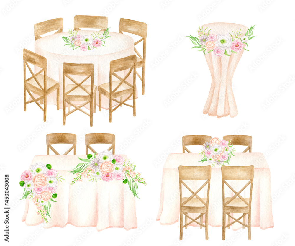 Wedding reception illustration set. Watercolor head table, round ...