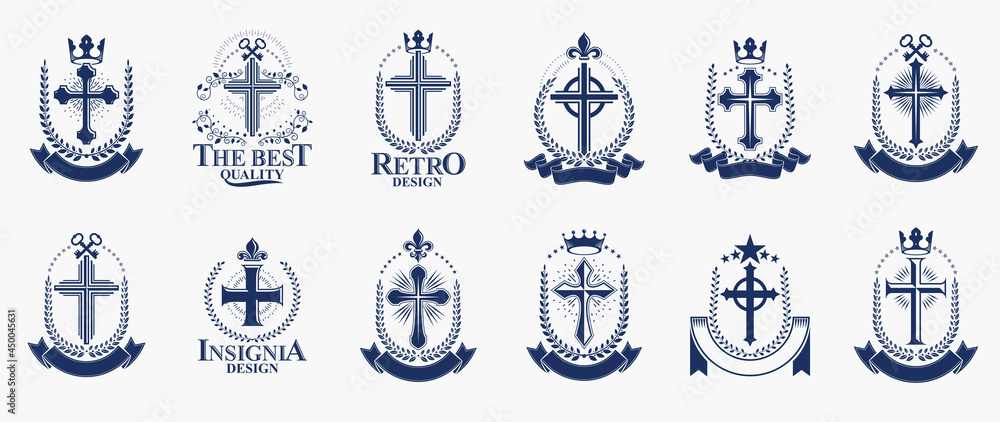 Vintage Christian crosses vector logos or emblems, heraldic design ...
