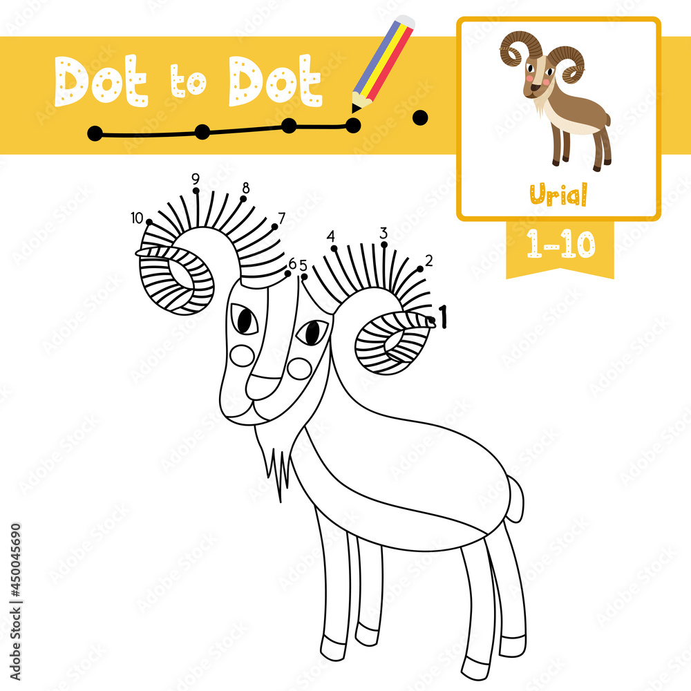 Dot to dot educational game and Coloring book Urial animal cartoon ...