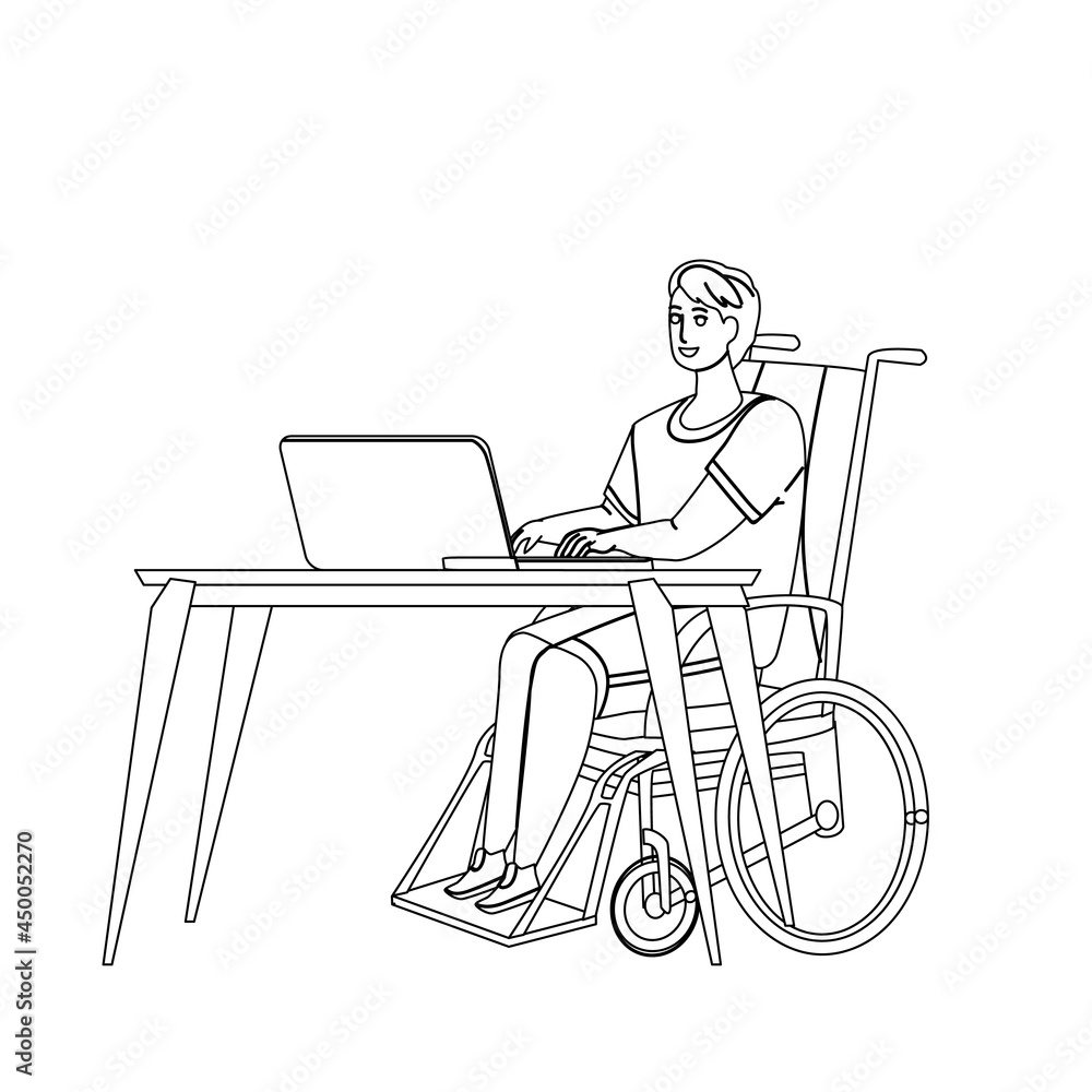Disabled Worker At Workplace Remote Working Black Line Pencil Drawing ...