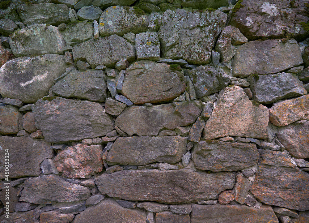 Stone crumbling wall of a medieval fortress: brutal background of moss ...