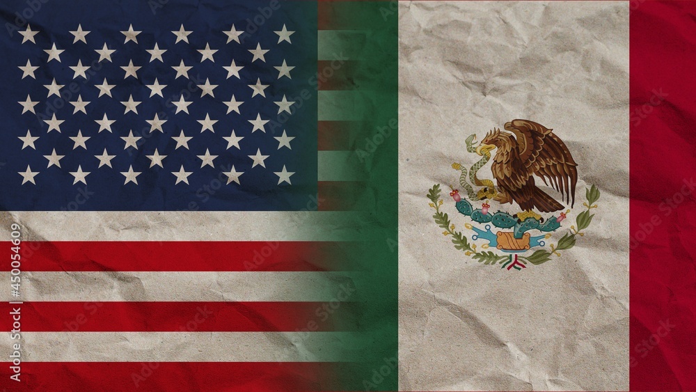 Mexico and United States America Flags Together, Crumpled Paper Effect ...