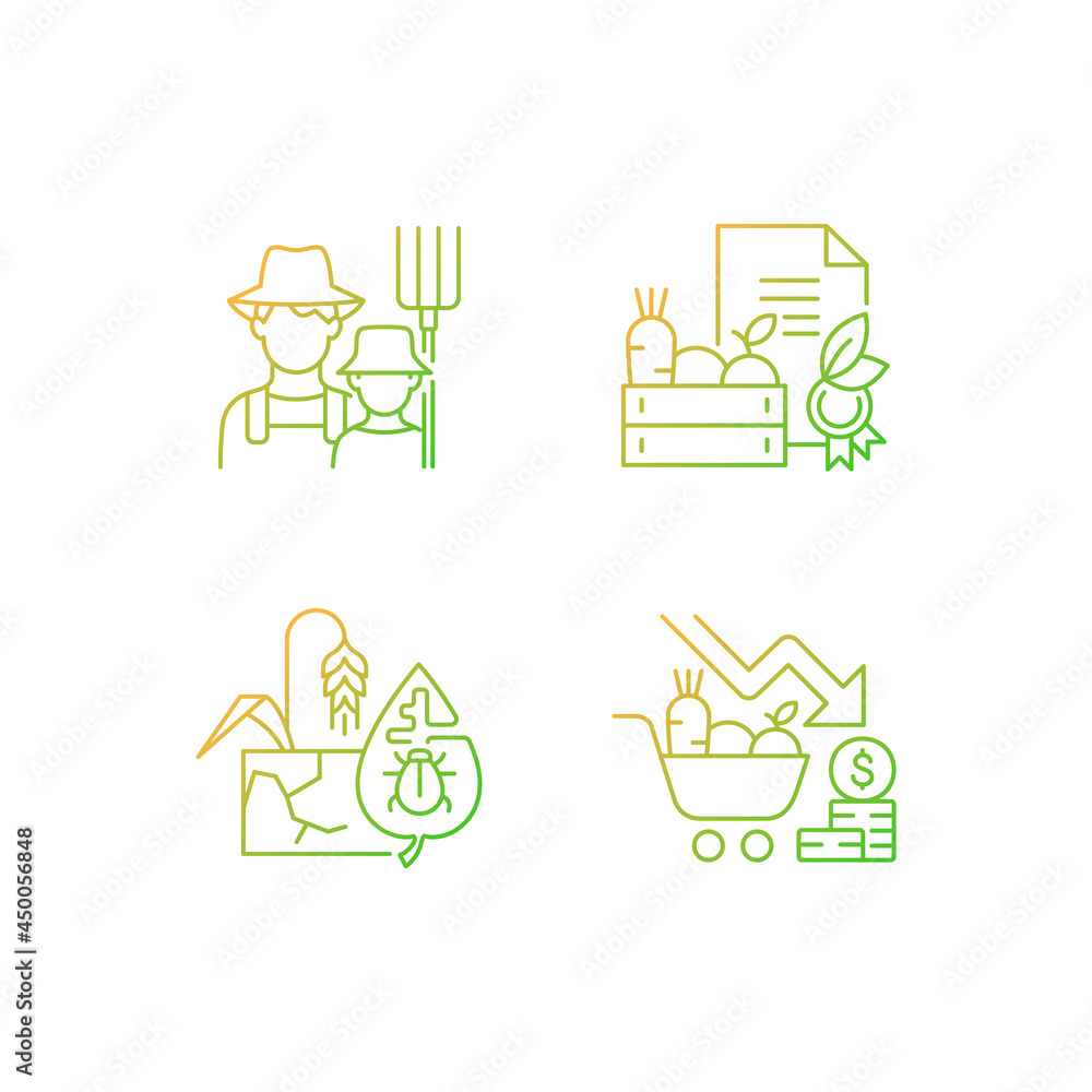 Agribusiness gradient linear vector icons set. Farm business risks and ...