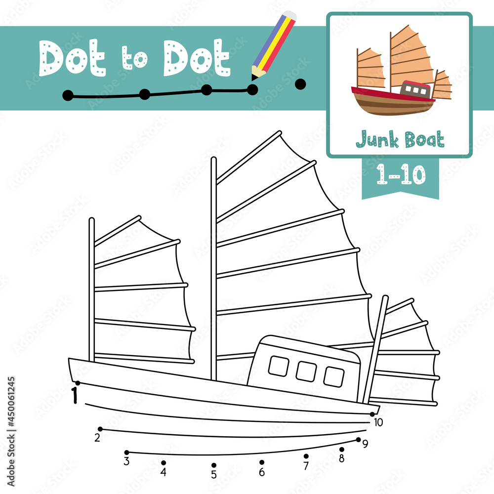 Dot to dot educational game and Coloring book Junk Boat cartoon ...
