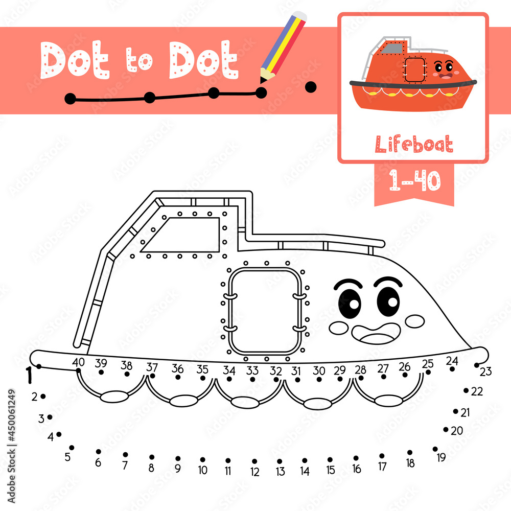 Dot to dot educational game and Coloring book Lifeboat cartoon ...