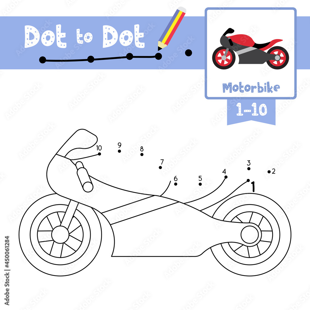 Dot to dot educational game and Coloring book Motorbike cartoon ...