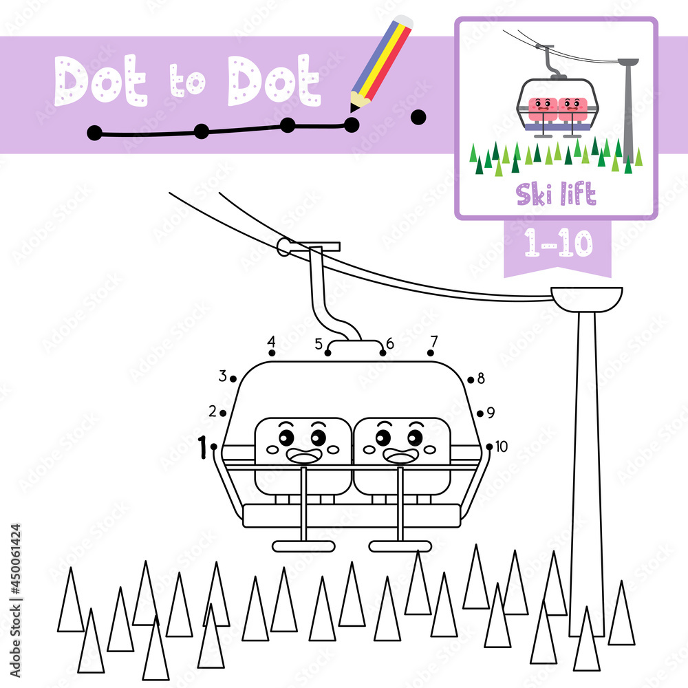 Dot to dot educational game and Coloring book Ski Lift cartoon ...