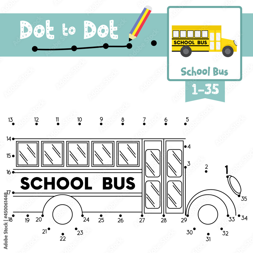 Dot to dot educational game and Coloring book School Bus cartoon ...