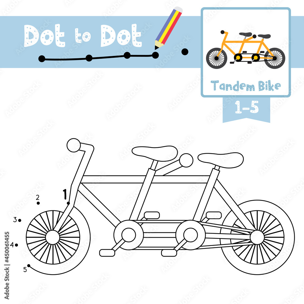 Dot to dot educational game and Coloring book Tandem Bike cartoon ...