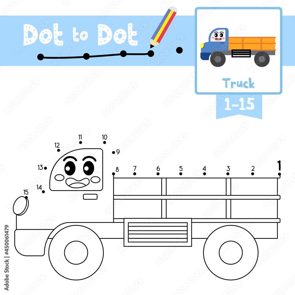 Dot to dot educational game and Coloring book Truck cartoon character ...