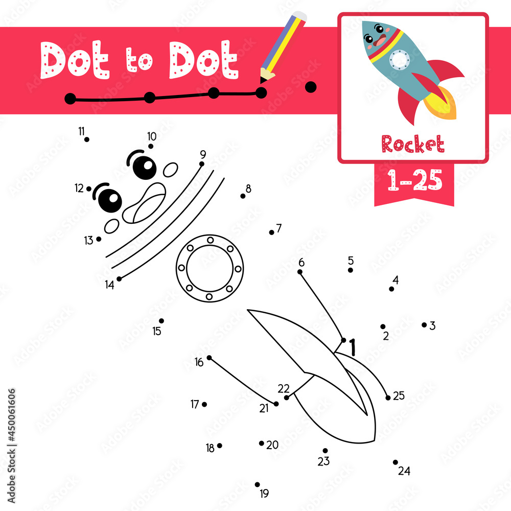 Dot to dot educational game and Coloring book Rocket cartoon character ...