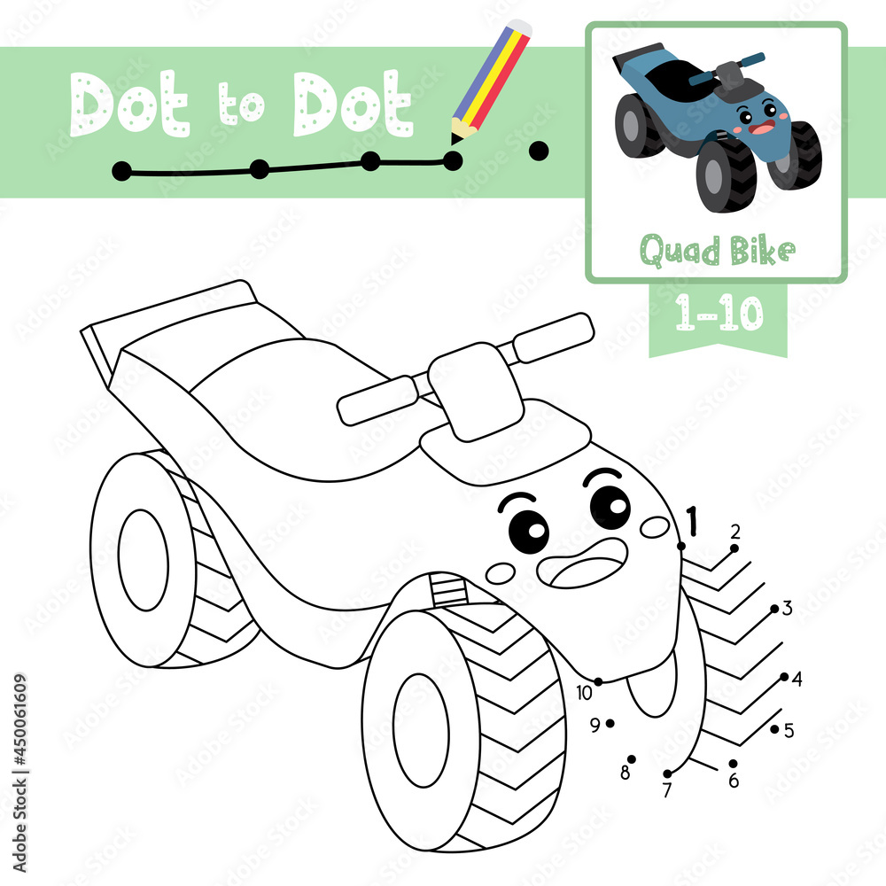Vetor de Dot to dot educational game and Coloring book Quad Bike cartoon character perspective ...
