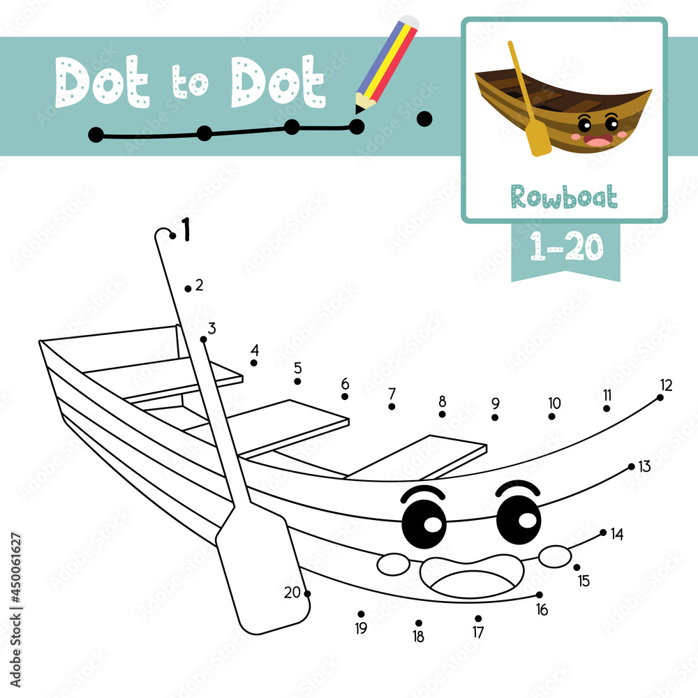Dot to dot educational game and Coloring book Rowboat cartoon character ...