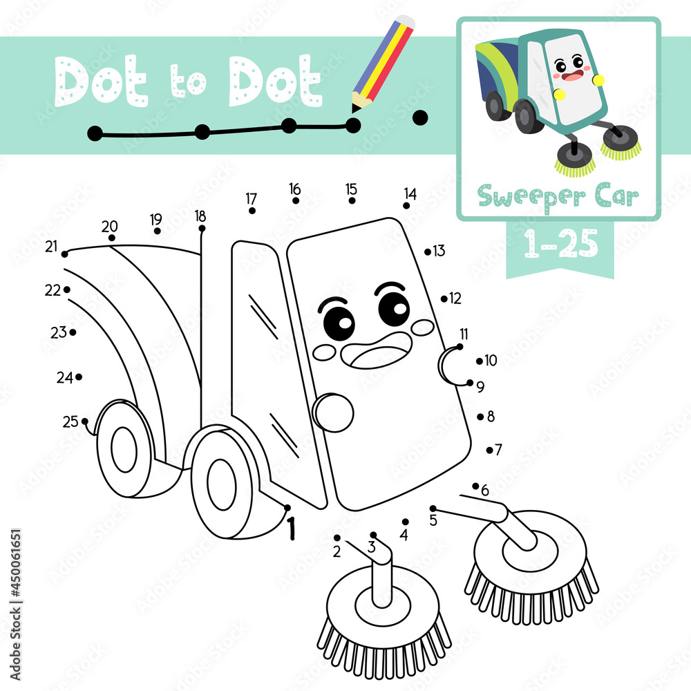 Dot to dot educational game and Coloring book Sweeper Car cartoon ...