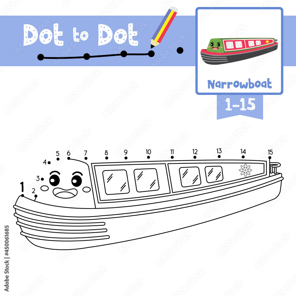 Dot to dot educational game and Coloring book Narrowboat cartoon ...