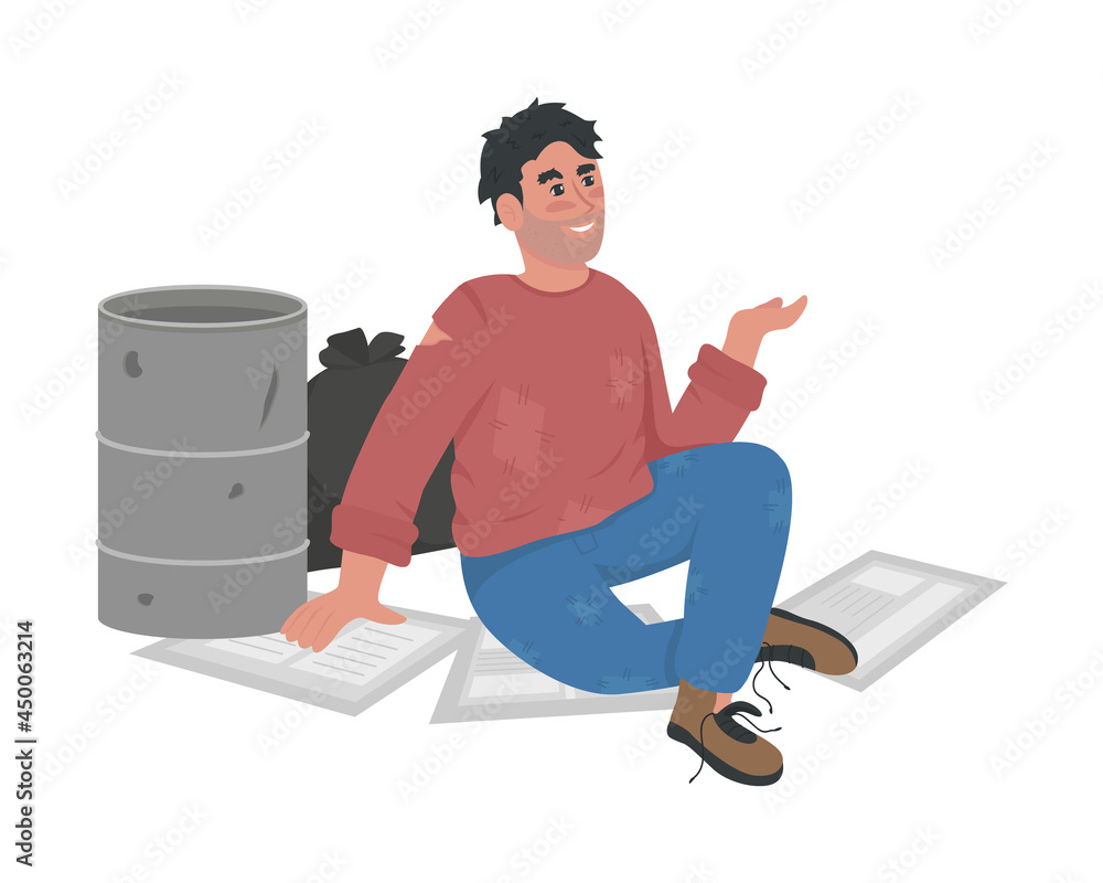 Homeless man semi flat color vector character. Sitting figure. Full ...