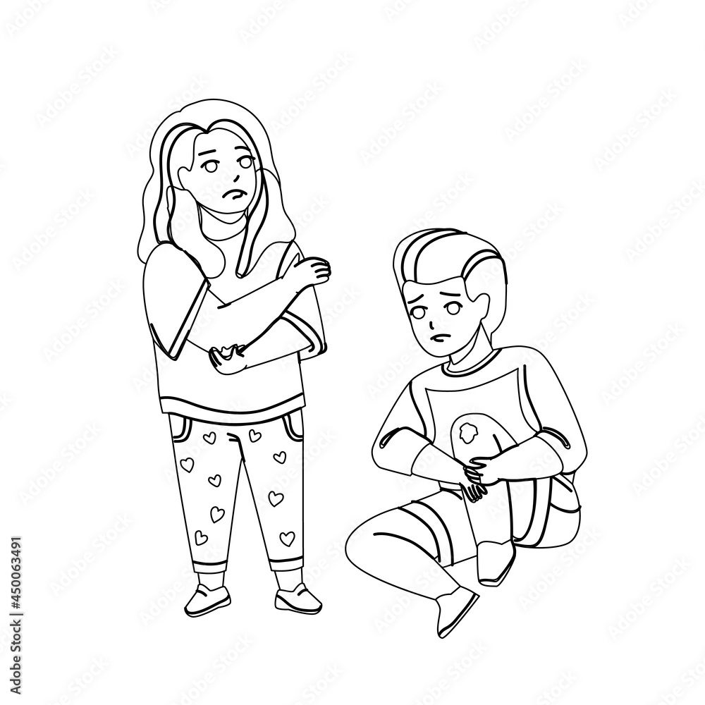 Boy And Girl Kids Hurt After Fall On Ground Black Line Pencil Drawing ...
