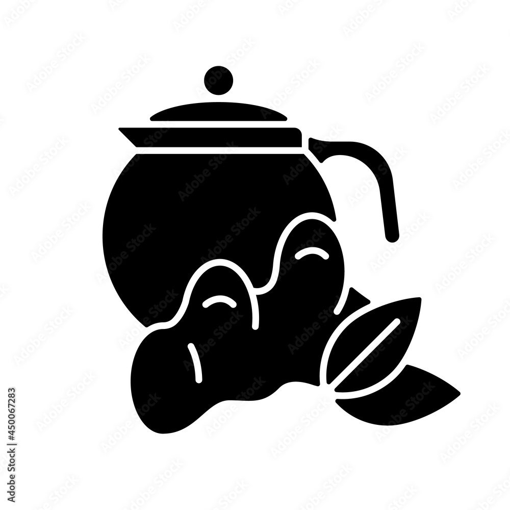 Ginger tea black glyph icon. Ginger tea with lemon and honey. Rich in ...