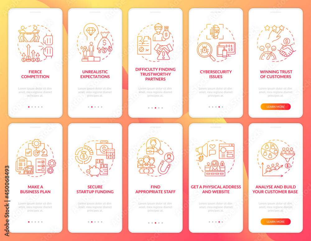 Startup launch red onboarding mobile app page screen set. Starting business walkthrough 5 steps ...