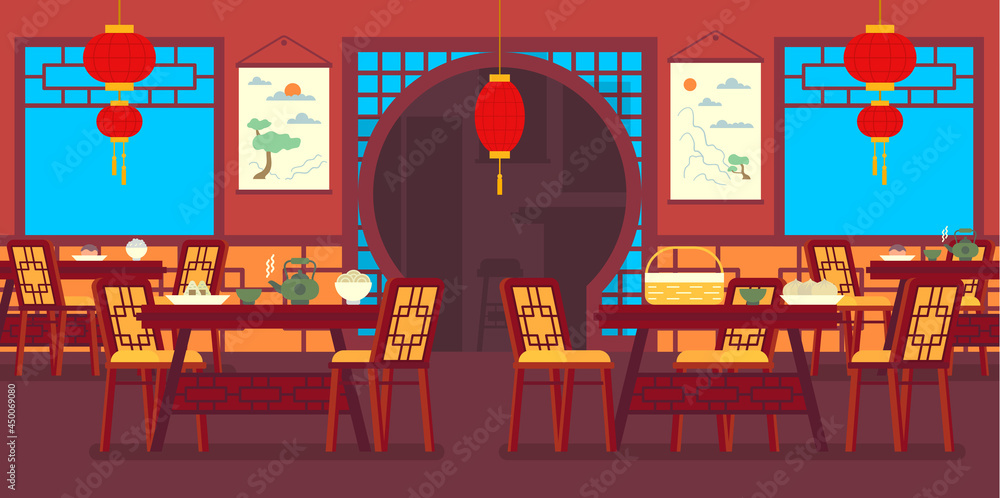 Cartoon Color Chinese Restaurant Traditional Interior Inside Concept ...
