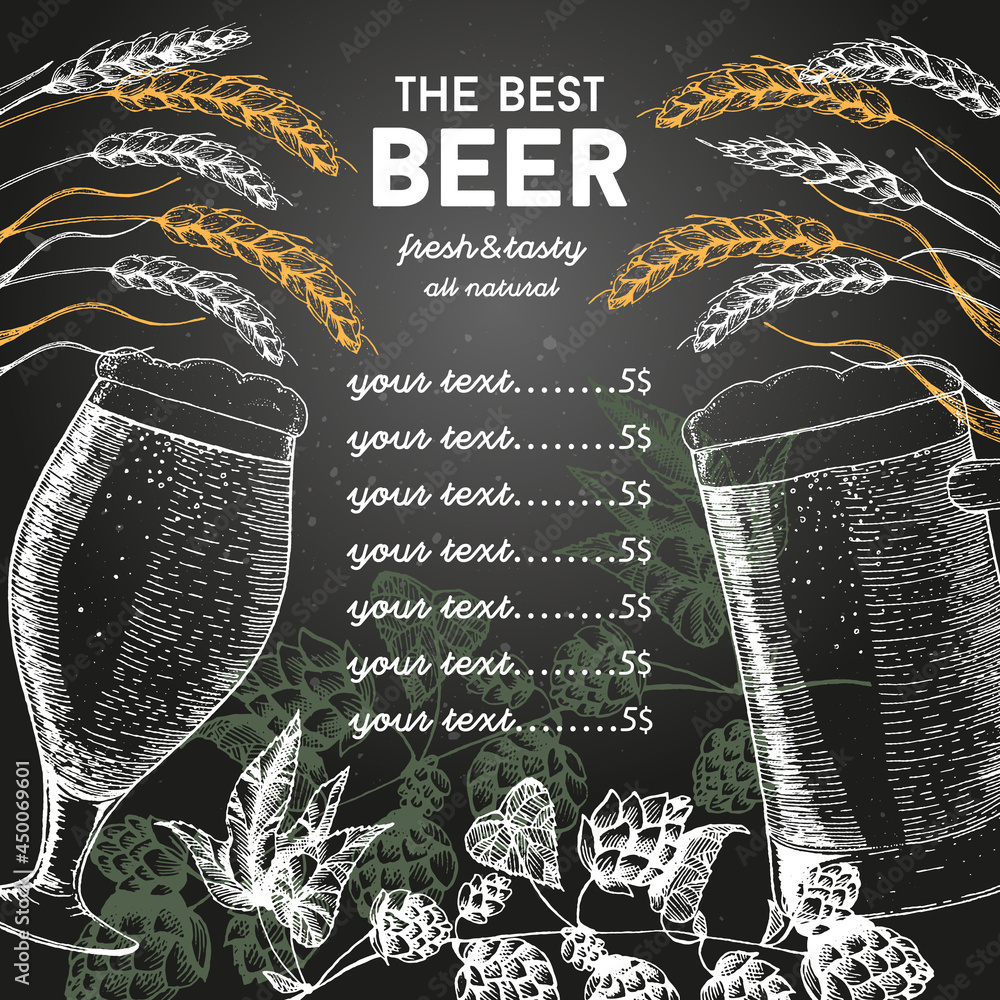 Beer menu design template. Engraved illustration with barley, hops and ...