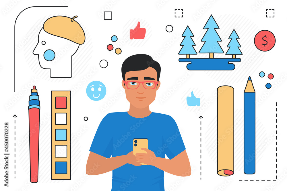 People with mobile phone, art tools objects, line app technology vector ...