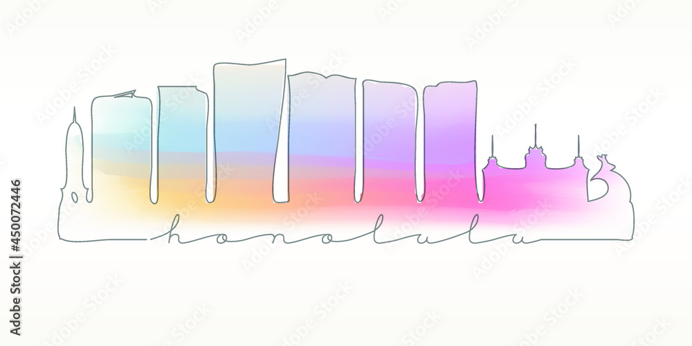 Honolulu, HI, USA Skyline Watercolor City Illustration. Famous ...