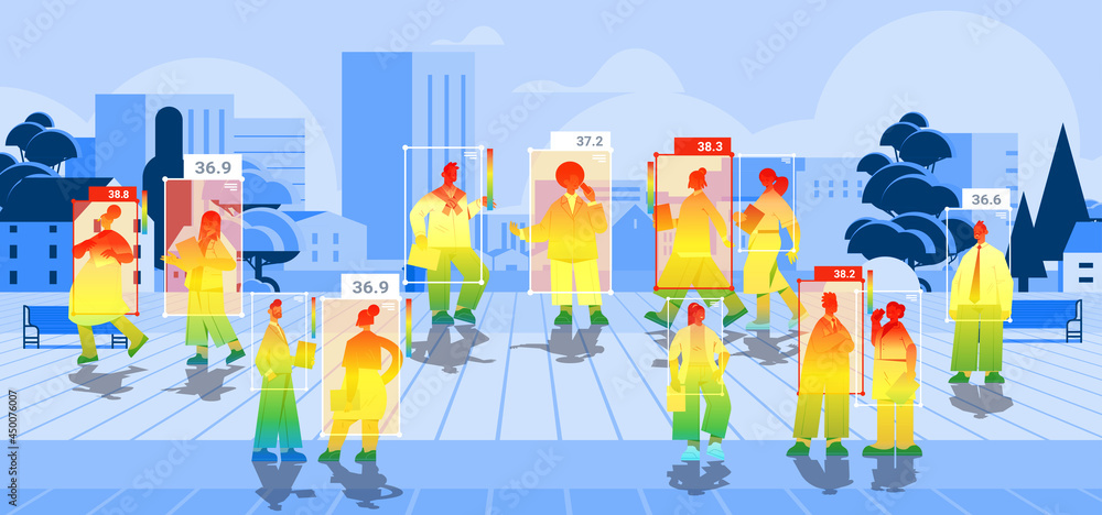 detecting elevated body temperature of people walking in park checking ...