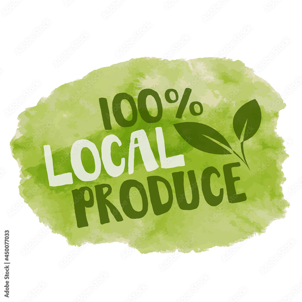 100 percent local produce label, green watercolor vector illustration ...