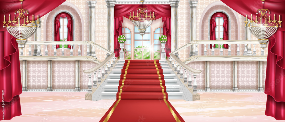 Palace vector interior background, luxury castle hall, marble staircase ...