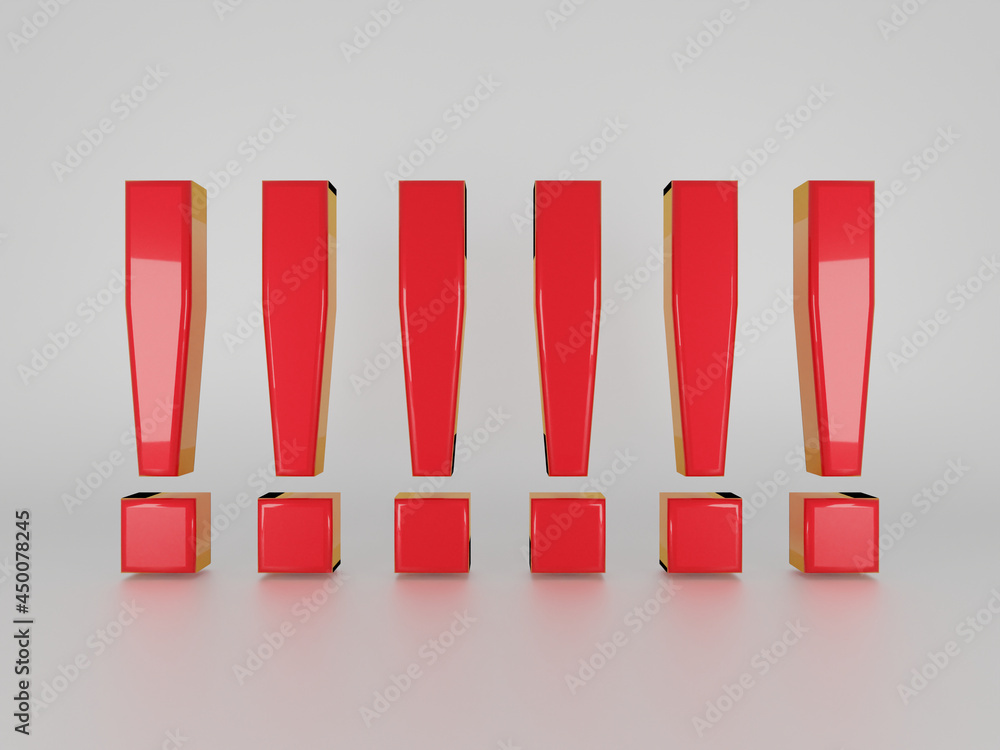 3D render of multiple red exclamation marks isolated on white ...