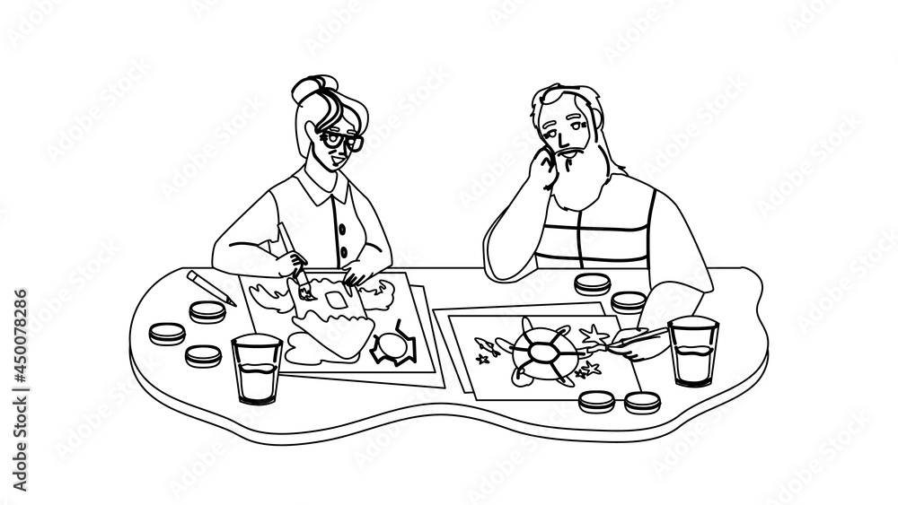 Senior Man And Woman Painting In Art Class Black Line Pencil Drawing ...