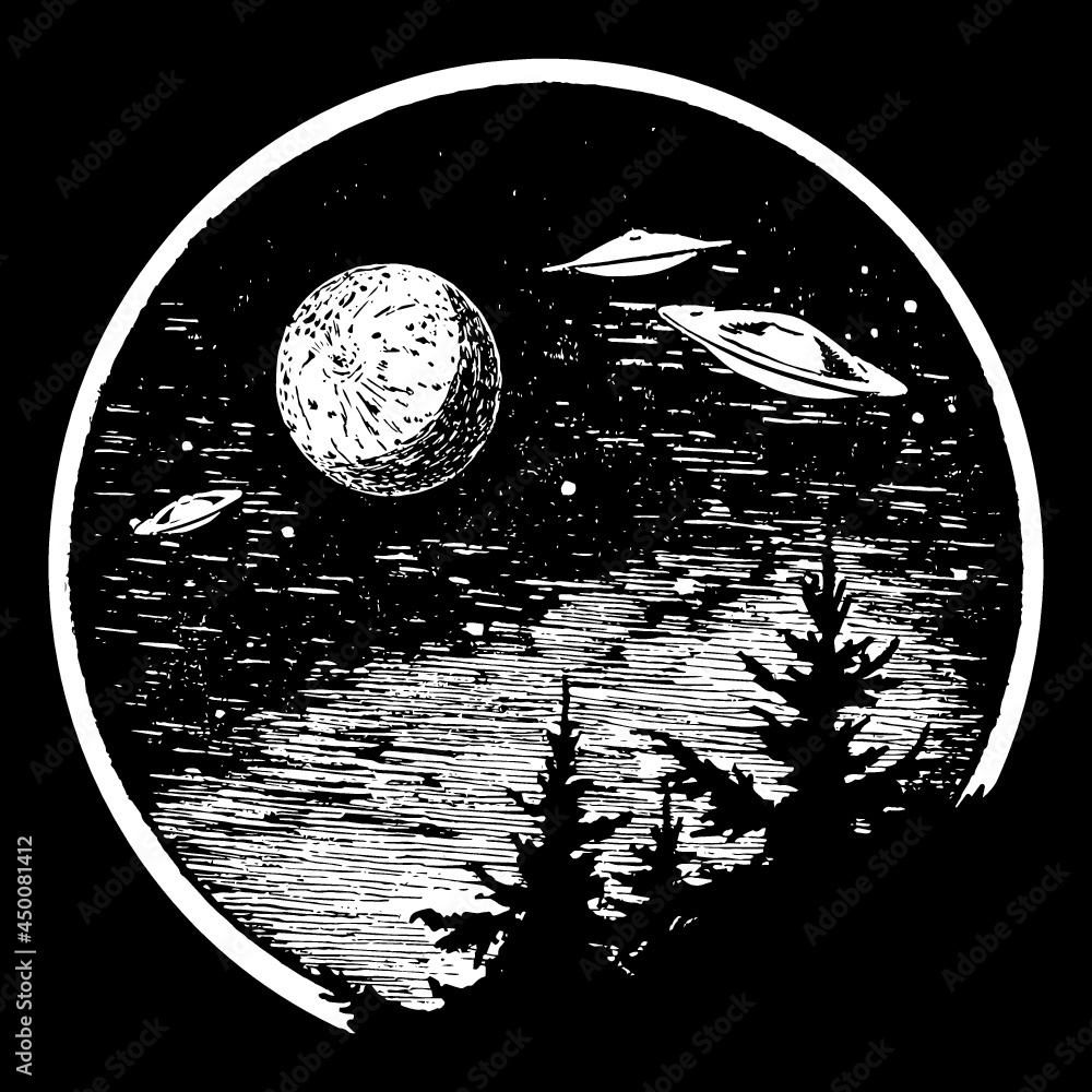 UFOs in Vintage Night Skyline Retro UAP Sighting Illustrated Cartoon ...