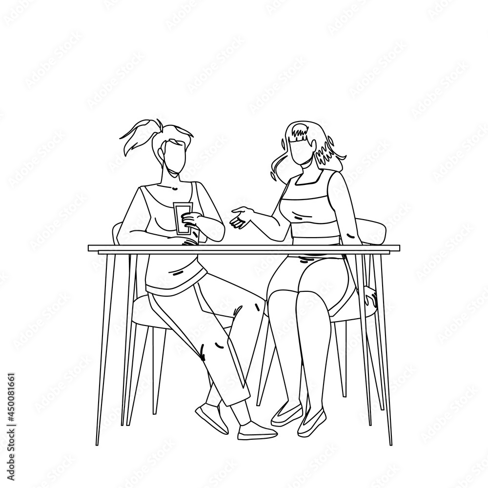 Girls Sitting At Table And Talking Together Black Line Pencil Drawing ...