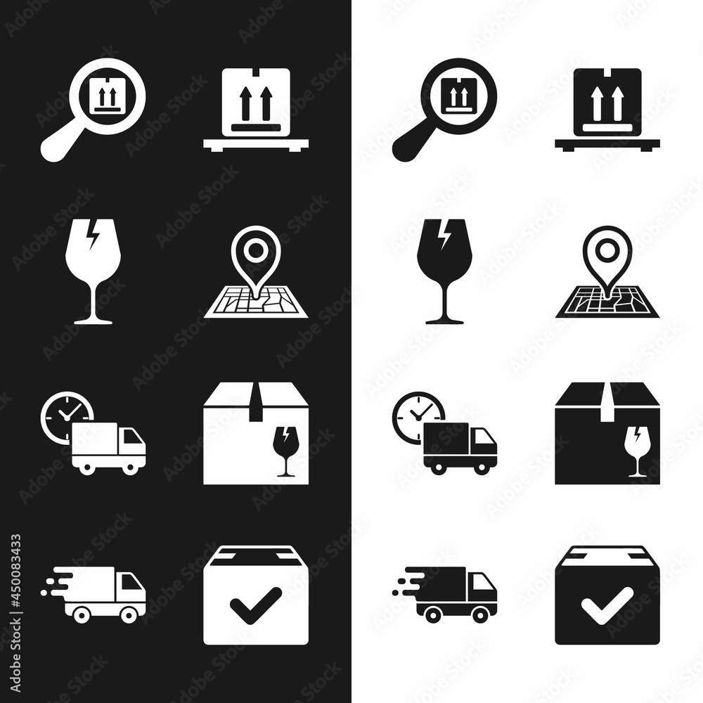 Set Placeholder on map, Fragile broken glass, Search package, Cardboard boxes pallet, Delivery ...