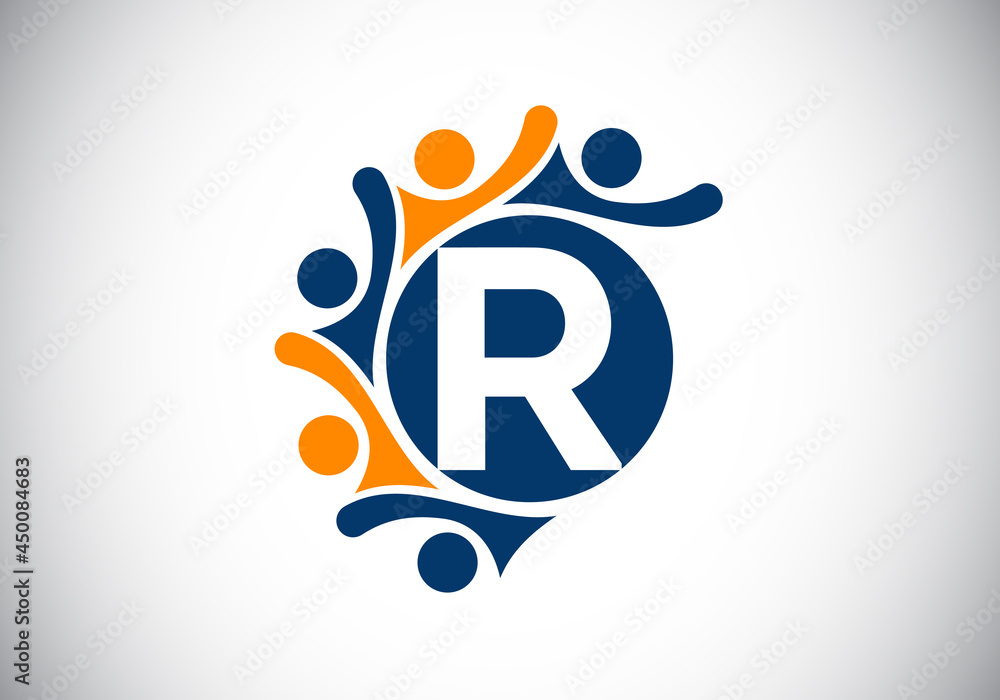Initial R monogram alphabet with connecting people. Team, cooperation ...