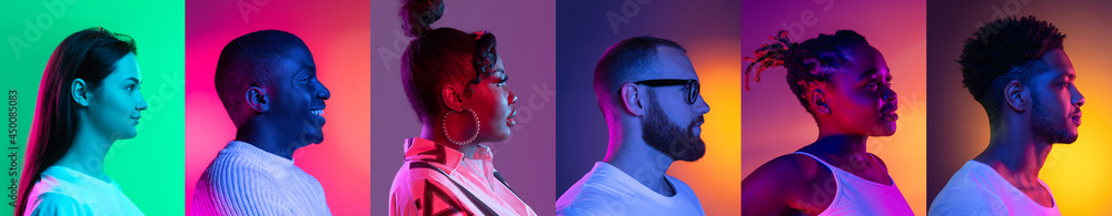 Collage of side view portraits of young smiling people isolated over ...